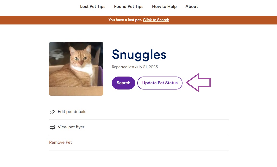 How do I change my pet from 'Lost' to 'Safe at Home'? – Petco Love Lost